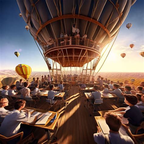 A Classroom In A Hot Air Balloon With Desks Chalkboards And Std Stock