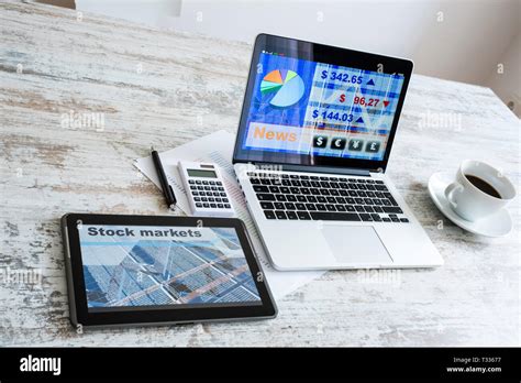 Stock Market Calculations With A Calculator And Research Software On A Tablet PC With A Laptop