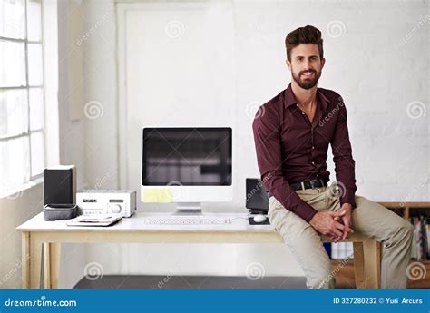 Computer Desk And Portrait Of Programmer Man In Office For Administration Of Creative
