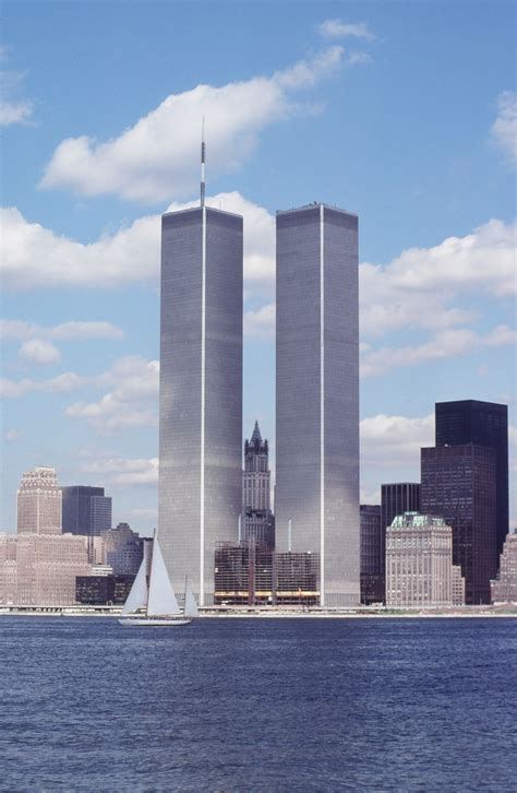 Twin Towers In Manhattan As A Sail Boat Approaches Rworldtradecenter