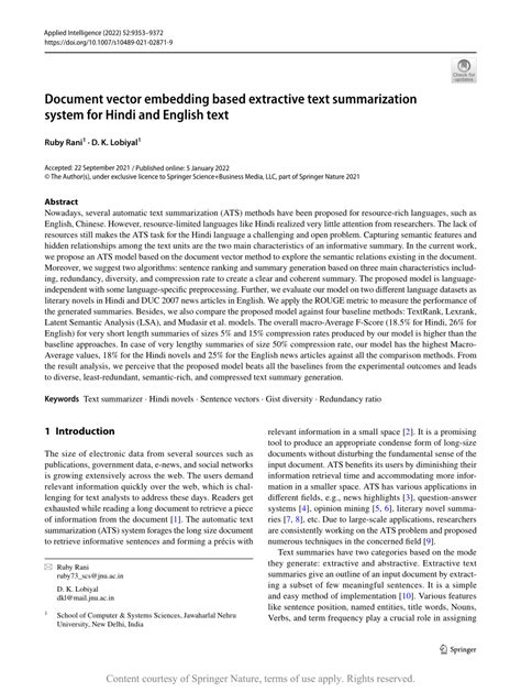 Document Vector Embedding Based Extractive Text Summarization System