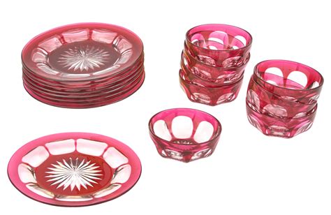 Set Of Ruby Cut To Clear Glass Bowls And Plates Doyle Auction House