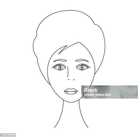 뱀파이어 여자 얼굴 스케치 전체 얼굴에 여자의 머리 벡터 그림입니다 짧은 픽시 헤어 스타일 통통한 입술 날카로운 송곳니 긴 속눈썹 신비한 여성 초상화 어린이를위한 색칠