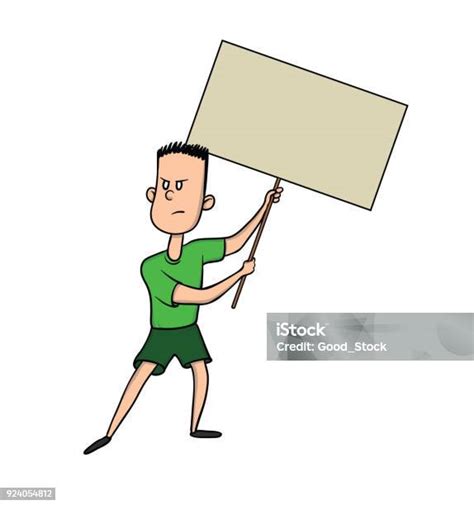 젊은 남자 빈 항의 기호를 들고 벡터 그림을 흰색 배경에 고립입니다 Revolution에 대한 스톡 벡터 아트 및 기타 이미지 Revolution 개념 공란 Istock