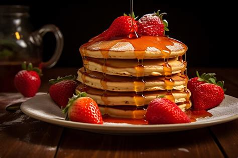 Premium Photo Stack Pancakes Syrup Strawberries