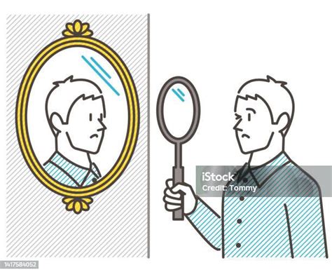 거울을 바라보는 청년 자기 발견 자기 분석 내성의 개념 벡터 일러스트레이션 개성 개념에 대한 스톡 벡터 아트 및 기타 이미지 개성 개념 분석 보기 일러스트레이션