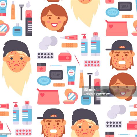 얼굴 피부 문제 청소 Humancosmetic 여드름 피부과 불안정성 얼굴 관리 10 대 결함 완벽 한 패턴 배경 벡터 일러스트
