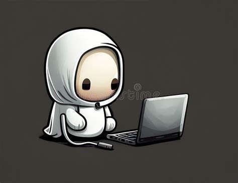 Cute Anonymous Hacker With White Hoodie Using Computer Laptop Concept