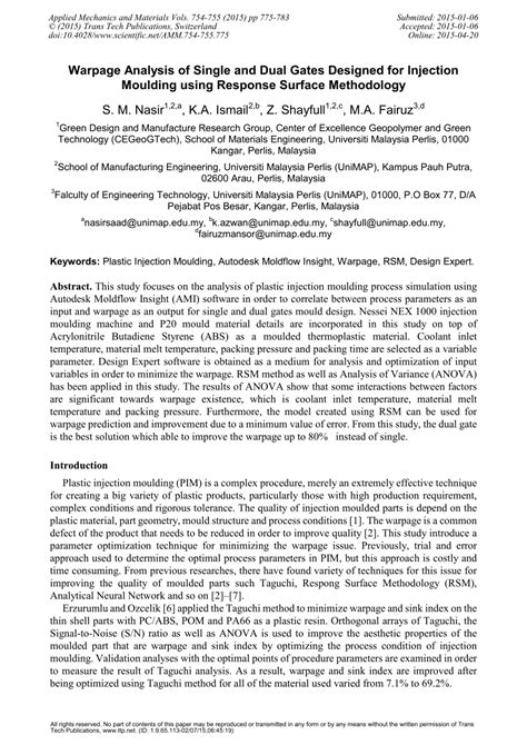 Pdf Warpage Analysis Of Single And Dual Gates Designed For Injection Moulding Using Response