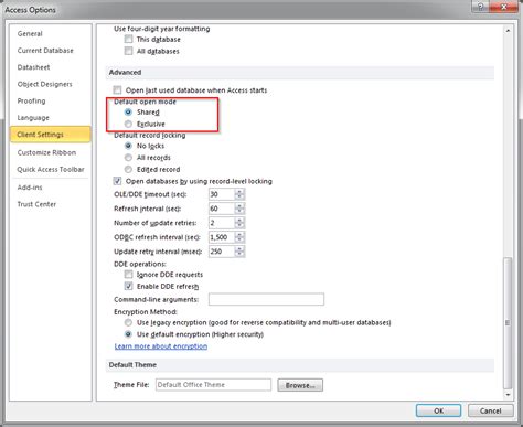 ms access set database to open in non exclusive mode stack overflow