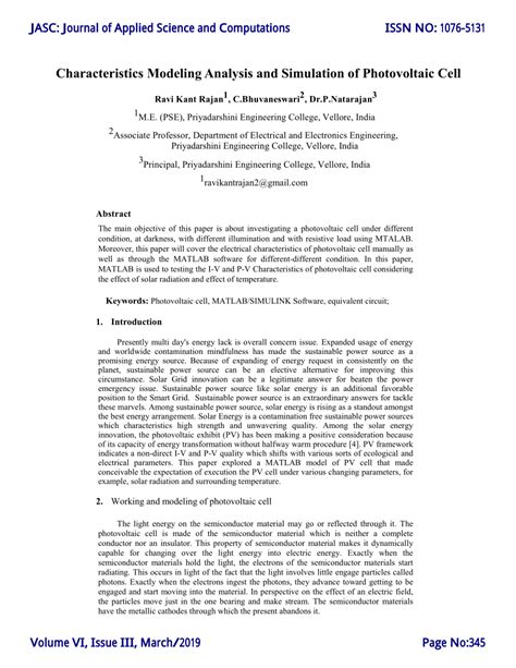PDF Characteristics Modeling Analysis And Simulation Of Photovoltaic Cell