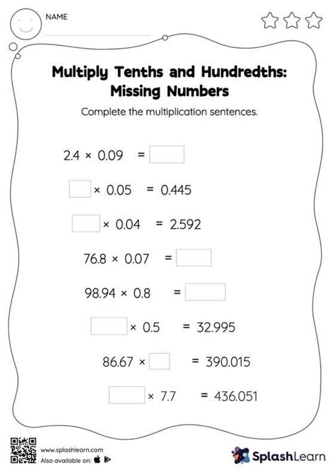 Multiply Tenths And Hundredths Missing Numbers Worksheet