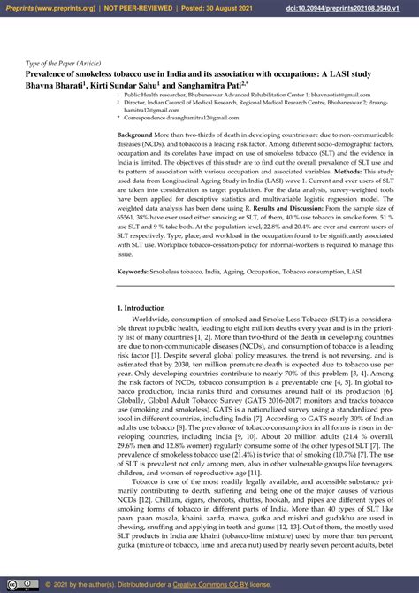 Pdf Prevalence Of Smokeless Tobacco Use In India And Its Association