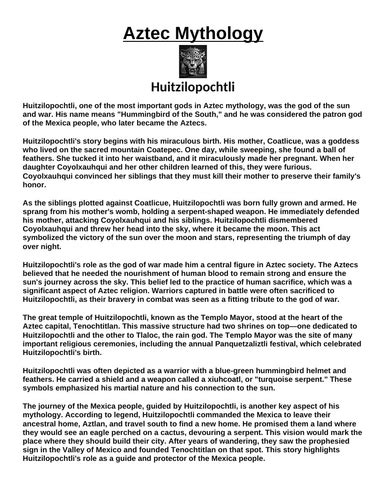 Aztec God Huitzilopochtli Article And Questions” Assignment Teaching Resources
