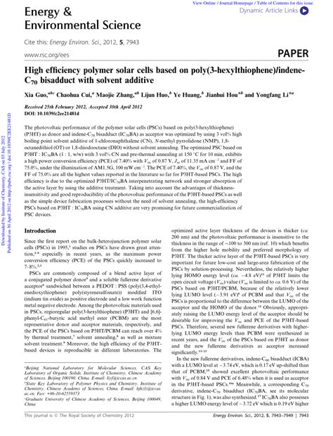 Pdf High Efficiency Polymer Solar Cells Based On Poly3