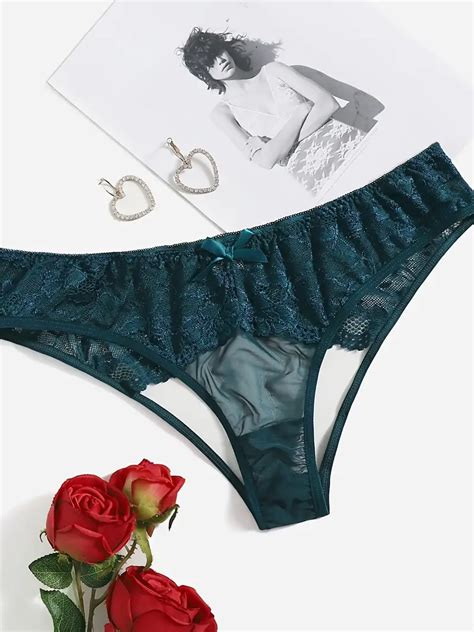 Plus Size Contrast Lace Bow Front Semi Sheer Sexy Panties Temu