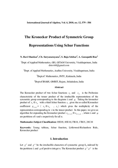 Pdf The Kronecker Product Of Symmetric Group Representations Using