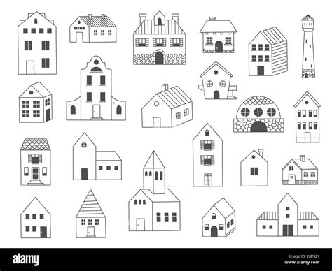 Doodle House Cute Cabin Wooden Building Funny Hand Drawn Cottage And