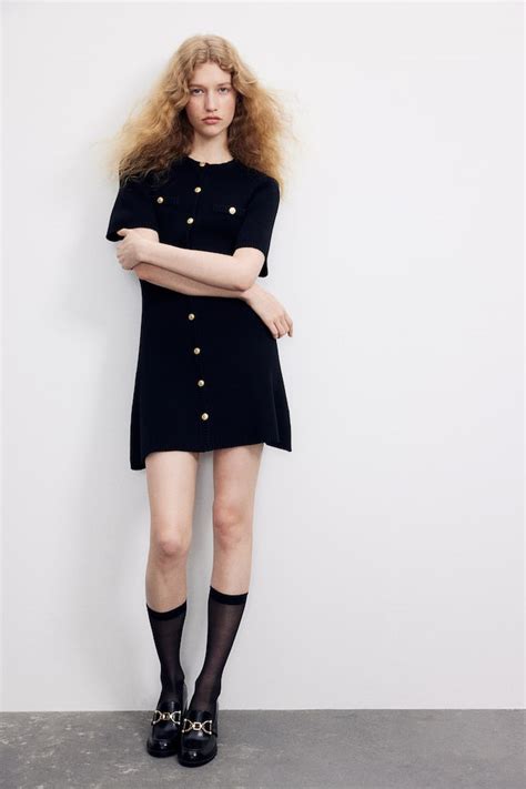 Rib Knit Button Front Dress Black Ladies Handm Us