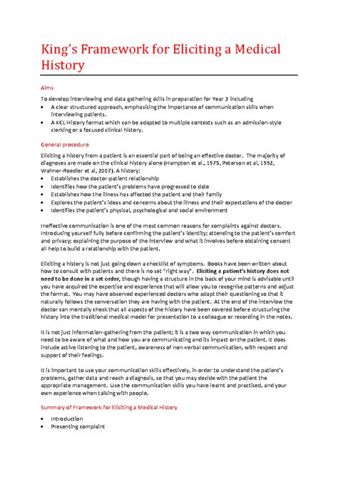 Kcl Framework For Eliciting A Medical History Copy Kings Framework