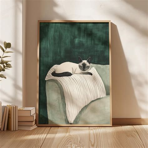 Elegant Siamese Cat Art Print Whimsical Cozy Decor Calming Green And