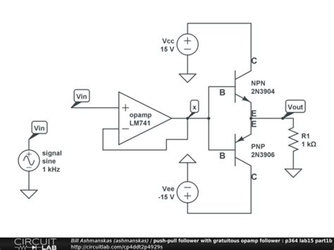 Push Pull Follower With Gratuitous Opamp Follower P364 Lab15 Part1b