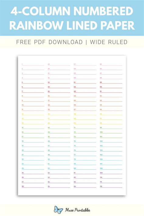 Free Printable 4 Column Numbered Rainbow Lined Paper Wide Ruled Paper