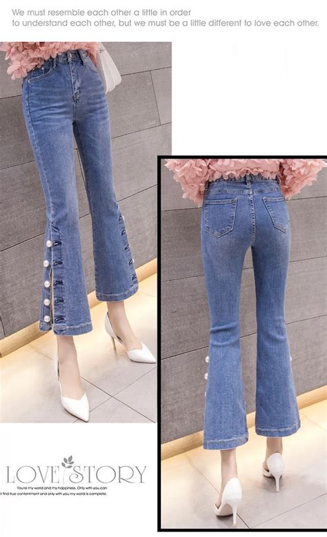 Весна Лето Новая мода Высокая талия жемчуг бисером женские джинсовые узкие брюки стрейч Сплит