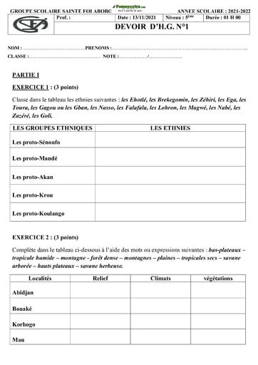 Devoir Histoire Géographie Niveau 5 Ième