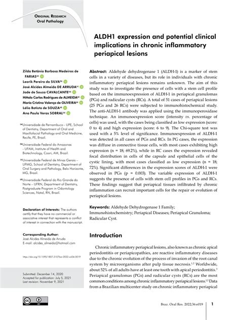 Pdf Aldh1 Expression And Potential Clinical Implications In Chronic