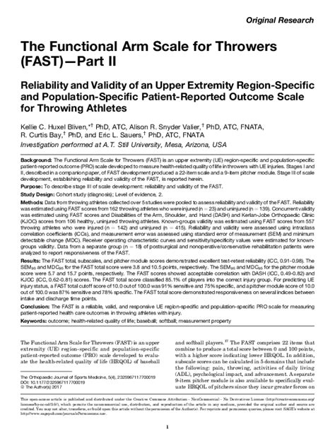 Pdf The Functional Arm Scale For Throwers Fast —part Ii Reliability And Validity Of An Upper