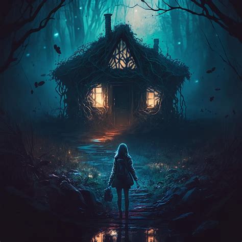 La niña encontró accidentalmente una casa misteriosa en el bosque Foto Premium