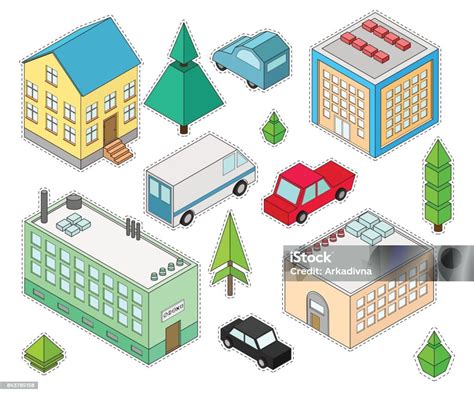 스티커 다른 아이소메트릭 건물의 집합입니다 자동차 녹색 숲 나무입니다 벡터 일러스트 레이 션 아이소메트릭 스타일입니다 0명에