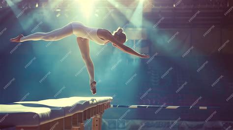 Young Female Gymnast Performing A Split Leap On A Balance Beam She Is Wearing A White Leotard