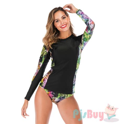 Womens 2pcs Black Rash Guard Long Sleeve Cheap Bathing Suits Colorful