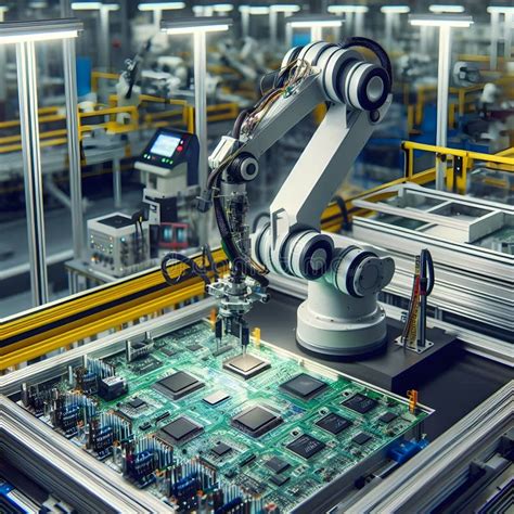 Robotic Arm Precisely Works On A Complex Circuit Board In A High Tech Factory Stock Illustration