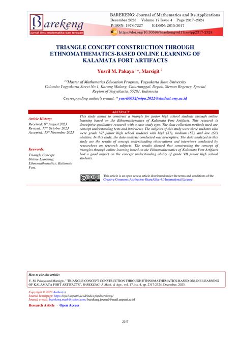 Pdf Triangle Concept Construction Through Ethnomathematics Based Online Learning Of Kalamata