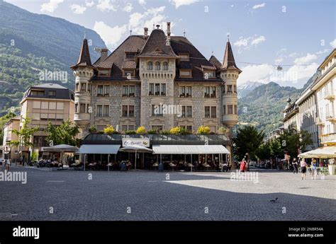 Brig Glis Switzerland June 20 2022 Couronne Restaurant At The Ground Floor Of A Typical