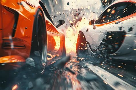 High Speed Collision Orange And White Cars Crash In Cinematic Action
