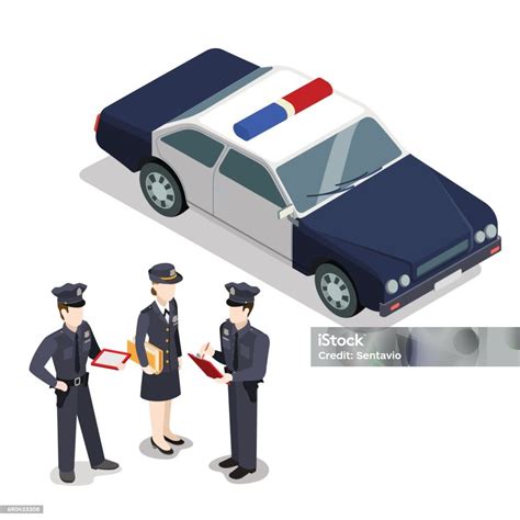 평면 아이소메트릭 도시 경찰관 그리고 차 벡터 일러스트 레이 션 근처 경찰 보고서를 작성 하는 여자 3d 아이소메트리 시립 직업 법과 질서 개념 군복에 대한 스톡 벡터 아트