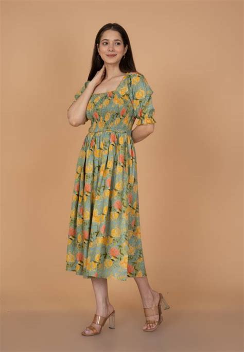 Green Floral Flare Midi Dress By Wyshlist