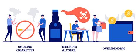 담배를 피우고 술을 마시고 작은 사람들과 개념을 과도하게 소비합니다 나쁜 습관 벡터 일러스트 레이션 세트 담배와 니코틴 중독