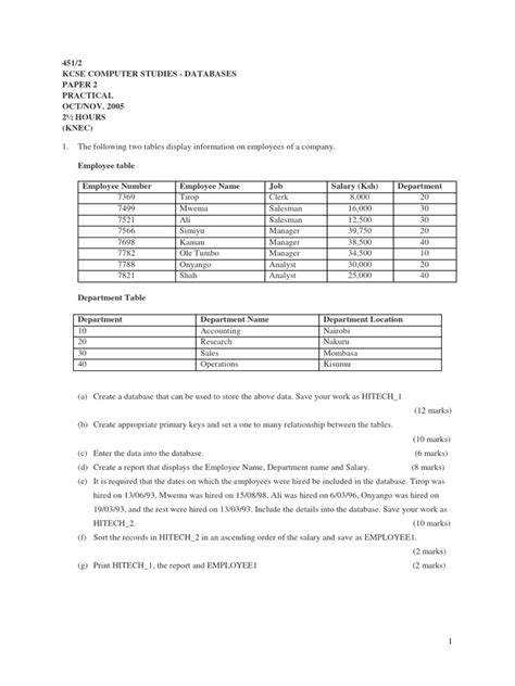 Kcse Computer Studies Database Qstns 2005 2021 Pdf Databases