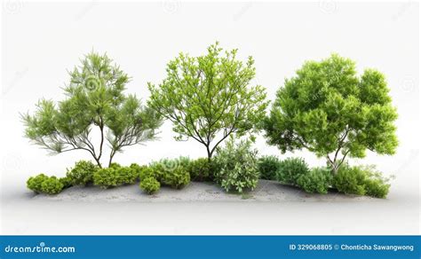 Three Different Trees With Green Foliage Growing In A Small Garden Plot