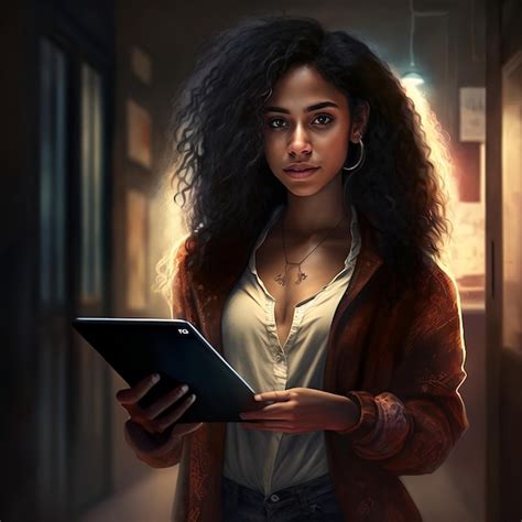 premium ai image an afroamerican woman is holding a tablet in her
