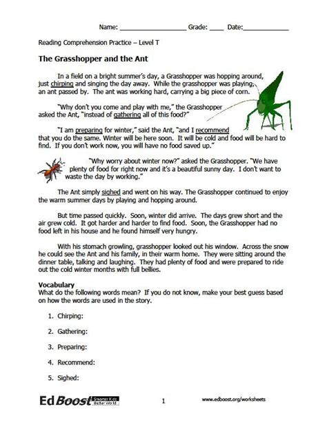 3rd Grade Reading Comprehension The Grasshopper And The Nut Worksheet