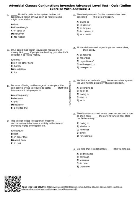 SOLUTION Adverbial Clauses Conjunctions Inversion Advanced Level Test Quiz Online Exercise