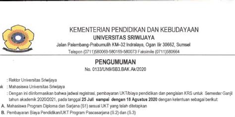 Pengumuman Tentang Pembayaran UKT Semester Ganjil 2020 2021 FISIP
