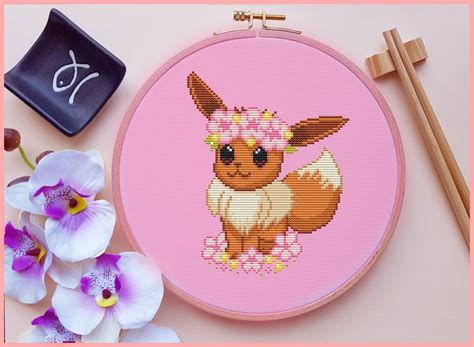 Flowercrown Eevee Cross Stitch Pattern Kawaii Gaming Anime Dmc Pdf Etsy