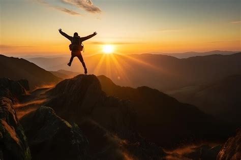 Premium Ai Image Female Hiker With Backpack Raised Her Hands